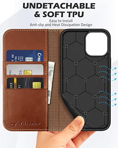SHIELDON Wallet Case for iPhone 12 5G, Genuine Leather Folio Case Magnetic Shock Absorbing Case RFID Blocking Credit Card Holder Kickstand Compatible with iPhone 12/12 Pro 6.1" - Retro Brown