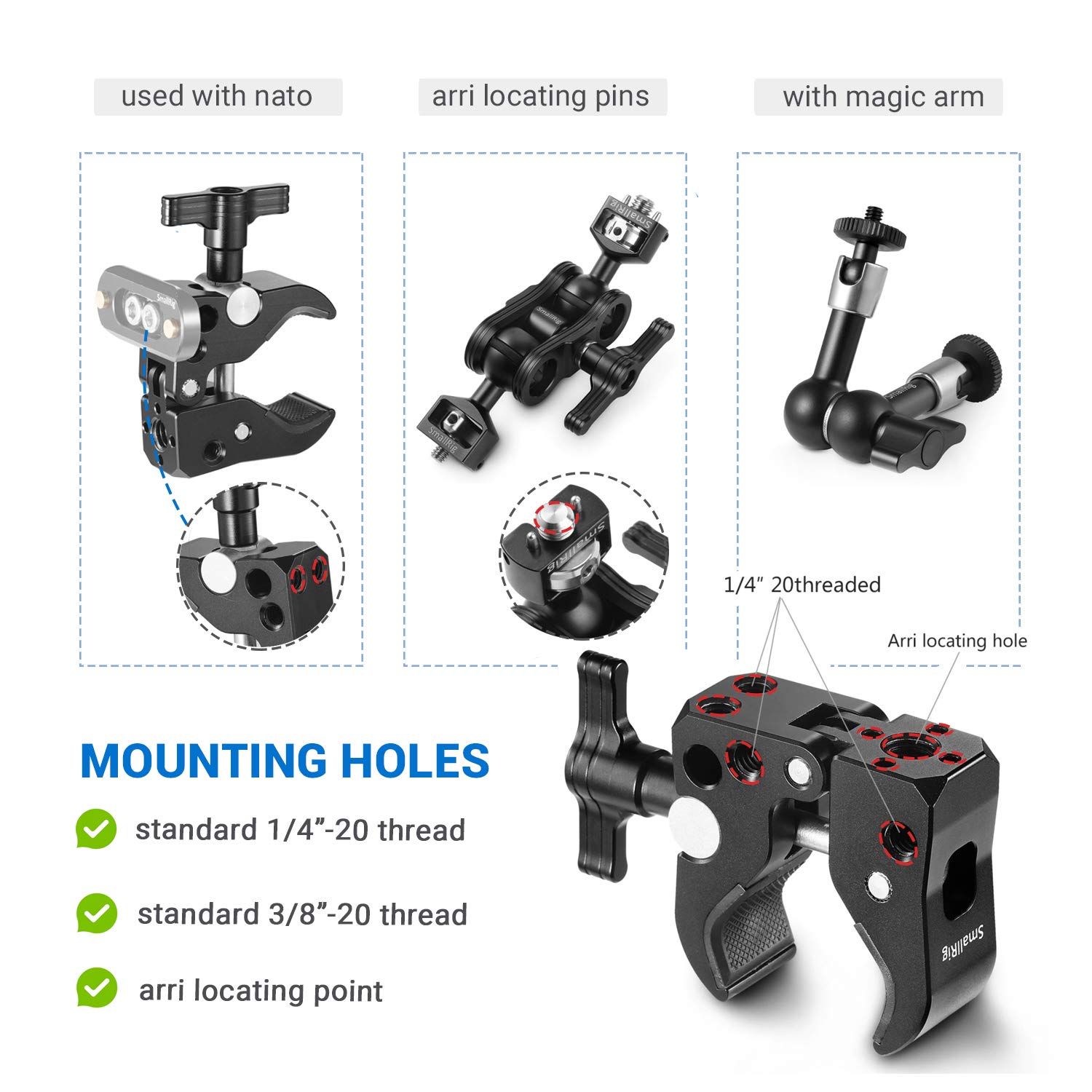 SMALLRIG Super Clamp with 1/4拻 Thread Holes, 3/8拻 Locating Pin for ARRI Standard, T-Shaped Wingnut and Rubber Pads