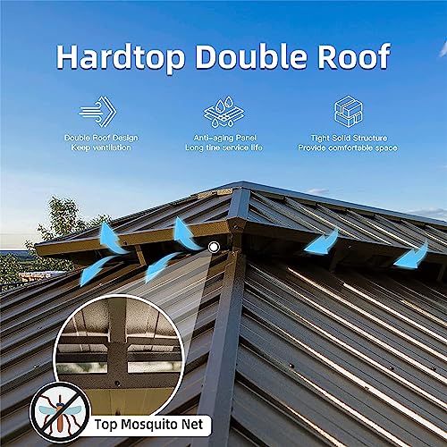 Jaxenor 12'x20' Outdoor Aluminum Wood Grain Hardtop Gazebo - Galvanized Steel Double Canopy for Patios, Decks, and Backyards - Includes Curtains and Netting (Wood-Looking)