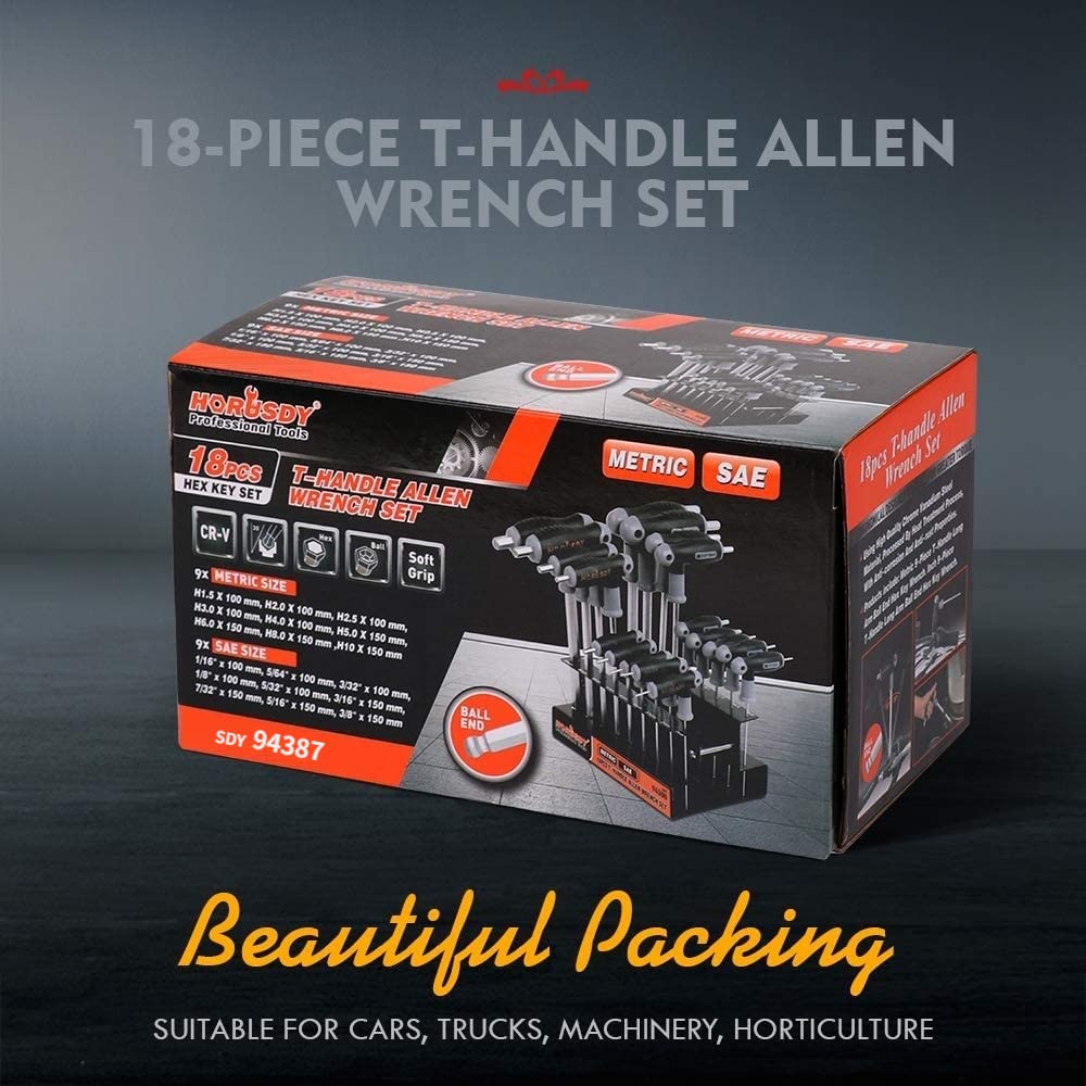 HORUSDY 18-Piece T-Handle allen wrench set, Inch/Metric Long Arm Ball End Hex Key Wrench Set, MM(1.5mm-10mm) SAE(1/16"-3/8")