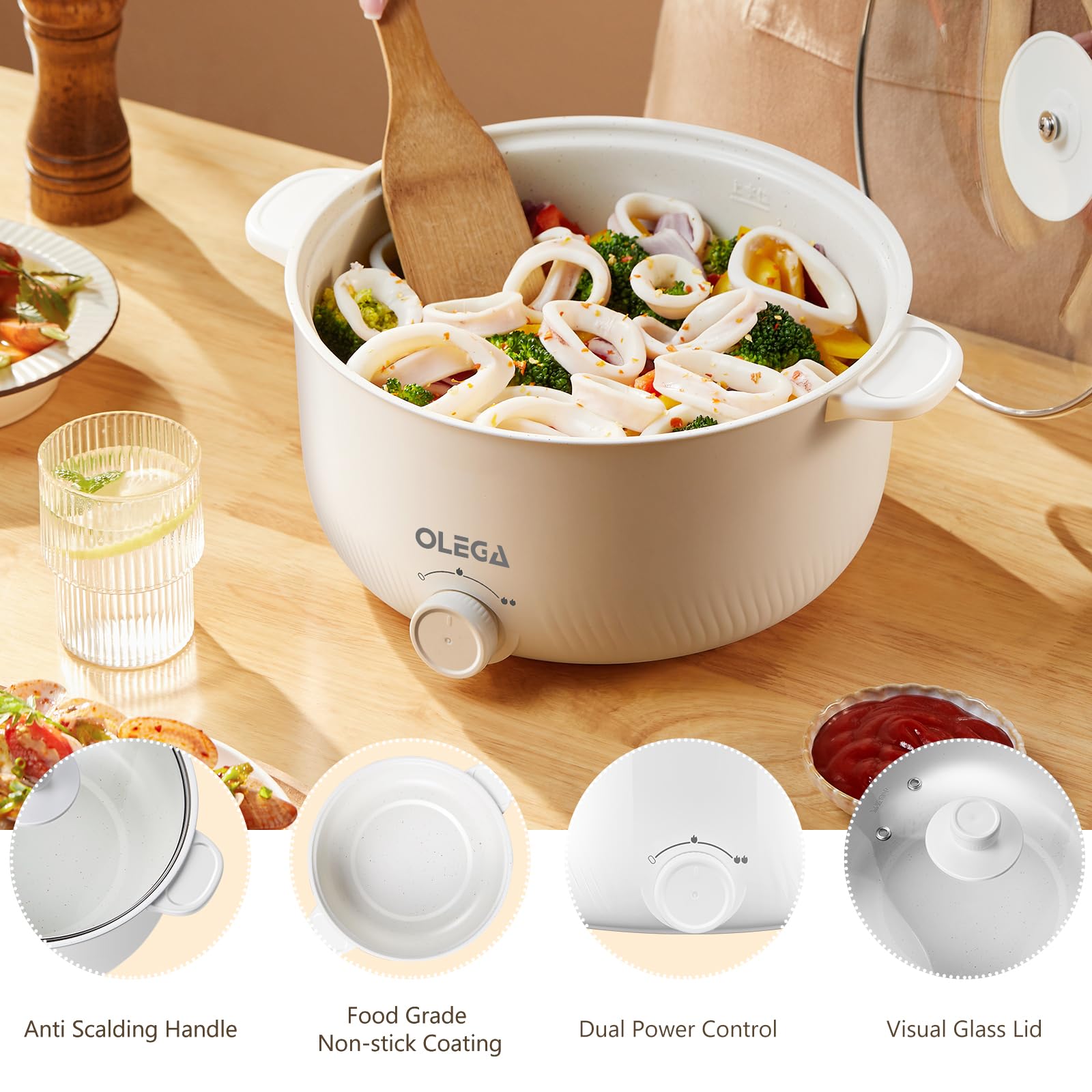OLEGA Electric Hot Pot - 3L Portable Electric Pots with Steamer for Cooking Dual Power Adjustment with Non-stick Coating for Dorm, Office, Travel 120V