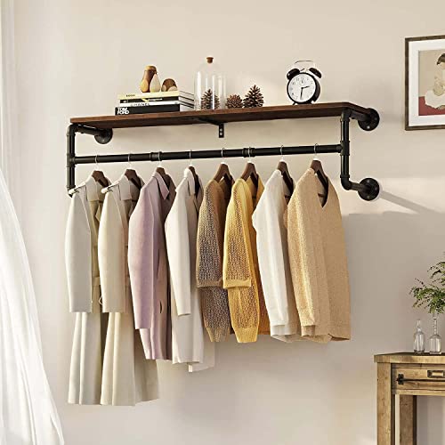 MOUTIK Top Shelf Clothes Hanging Rack: Industrial Pipe Wall Mounted Retail Garment Racks with Wood Floating Shelves - Heavy Duty Display Clothing Hanger Rod for Closet Coat Storage