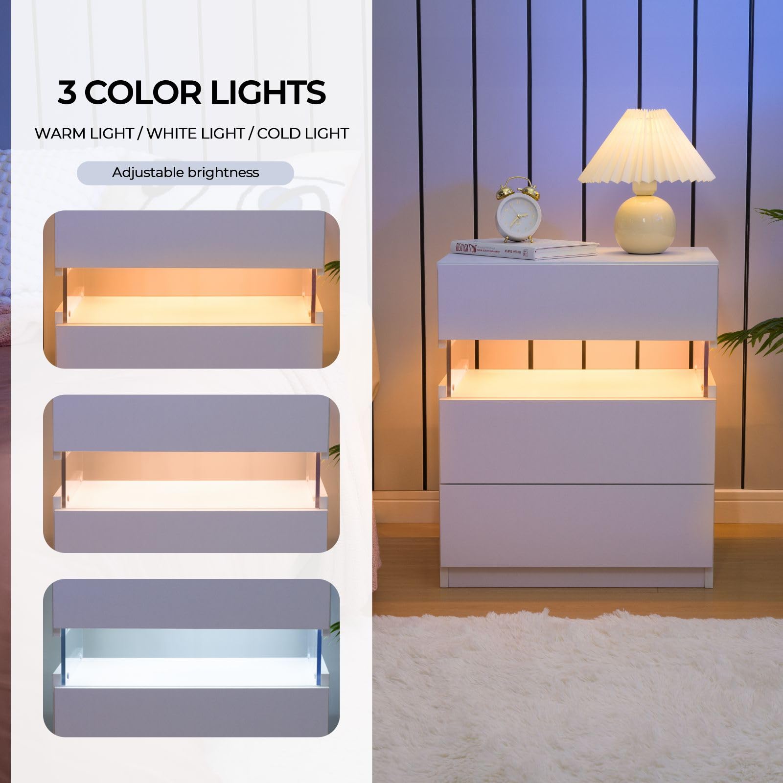 i-aplus Night Stand Set 2 LED Night Stand for Bedroom Modern LED Bedside Table with 3 Drawers End Side Table