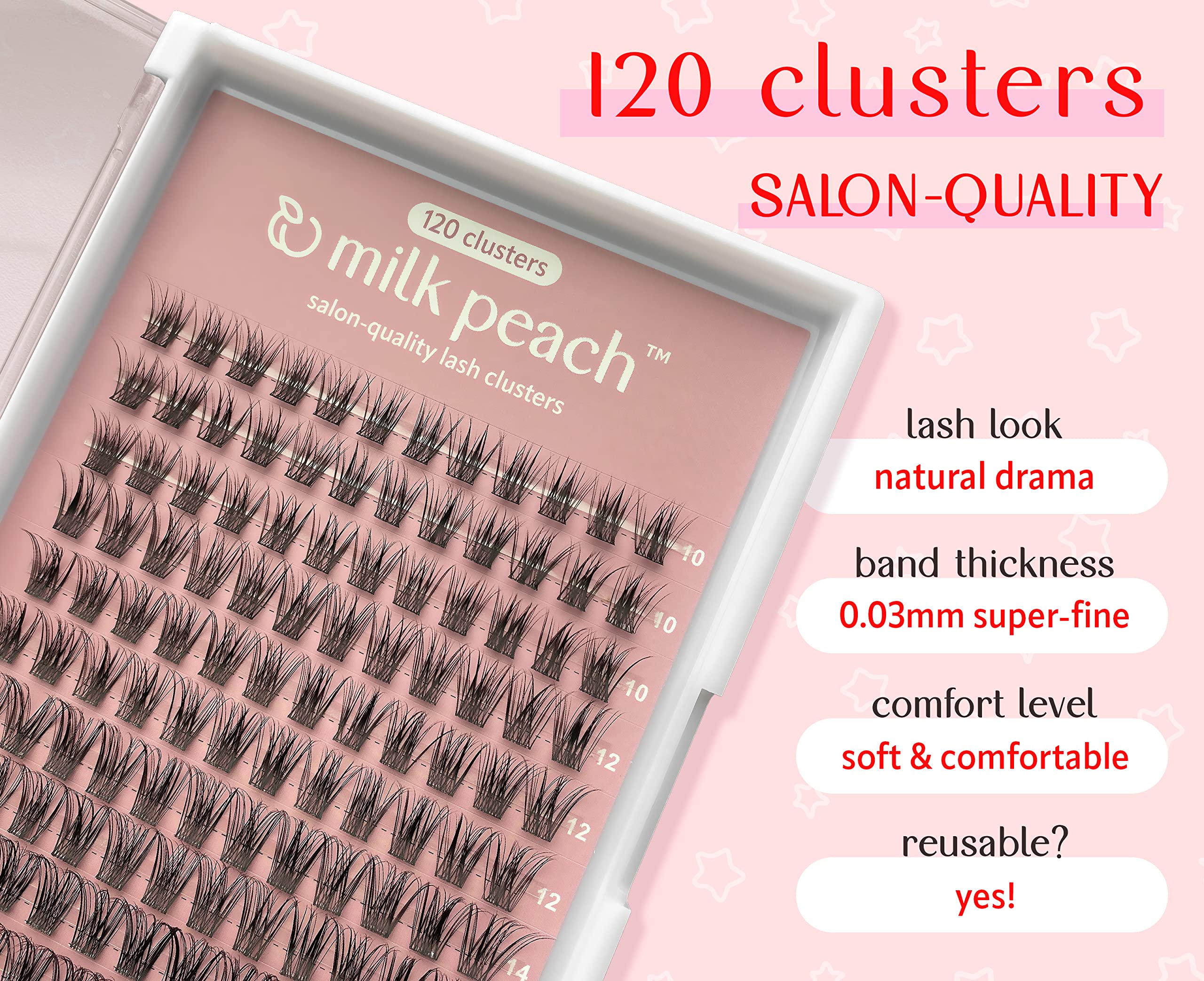 Lash Clusters At-Home Lash Extensions / 10-16mm C-Curl Natural Glam / 120 Clusters/Ultra Thin Band/milk peach™ / Segment Individual Cluster Lashes Soft Fluffy/DIY Salon-Quality Volume