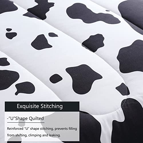 PERFEMET Cow Print Bedding Comforter Set Cartoon Milk Cow Print Bedding Set Reversible Plaid Grid Bed Sets for Kids Teens Boys Girls (Twin/Twin XL Size, Black and White)