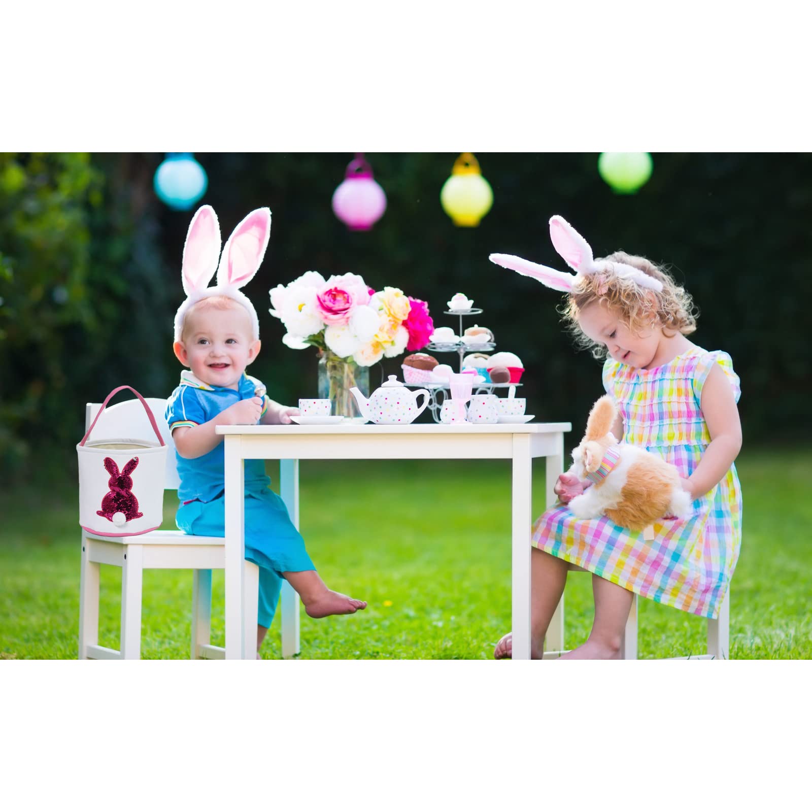HTONTB 2PCS Easter Bunny Baskets,Kids Easter Egg Hunt Baskets,Rabbit Handbag Easter Party Decorations Gifts Toys Carry Bucket Tote,Reusable Party Bags,DIY Egg Basket Stuffer for Kids Gifts(Pink)