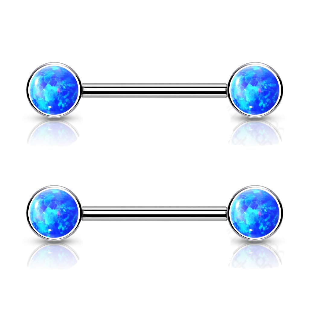 Dynamique Implant Grade Titanium Threadless Push in Nipple Barbell with Opal Bezel Set Forward Facing Flat Tops (Sold Per Pair Or Per Piece)