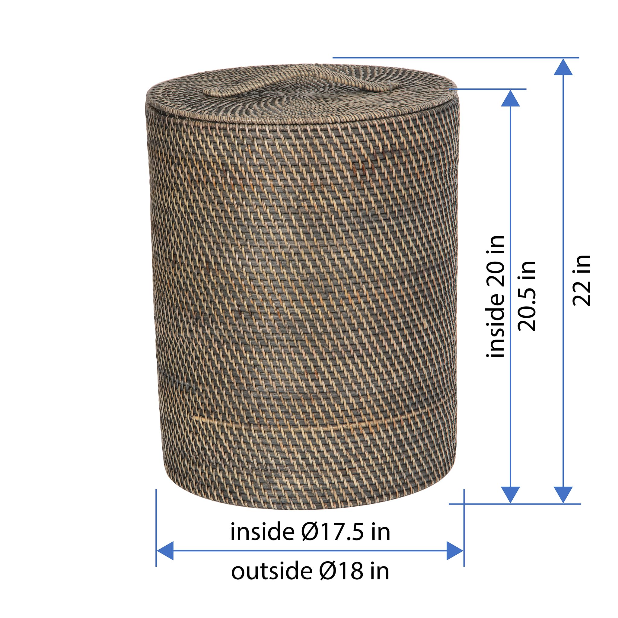 KOUBOO Round Rattan Laundry Hamper with Removable Liner and Lid - Coastal, Natural Decor Style - Small Size for Apartment Living - Stylish Addition for Your Home -18 in. height, Black-Wash