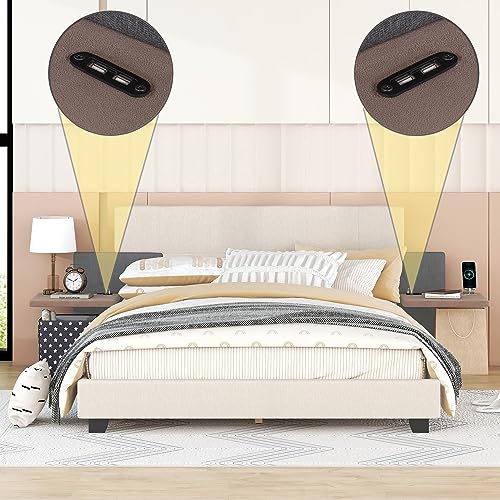 OPTOUGH Queen Size Upholstered Platform Bed with Bedside Shelves and USB Charging Design, Wooden Bedframe w/Slats Support, for Bedroom, Beige+Gray