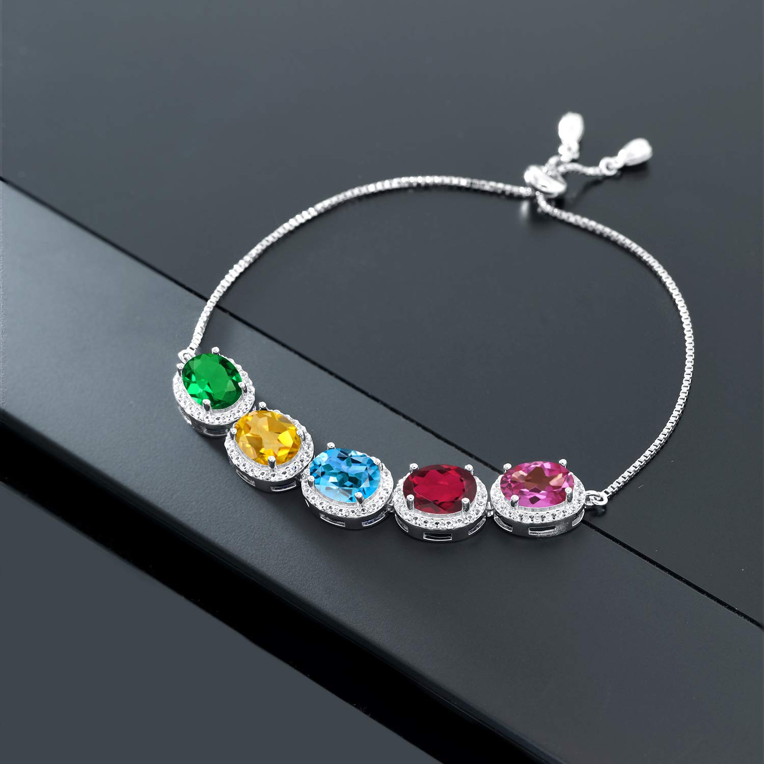 Gem Stone King 925 Sterling Silver 9X7MM Oval Gemstone Birthstone 5-Stone Tennis Bracelet For Women | Fully Adjustable Up to 9 Inch