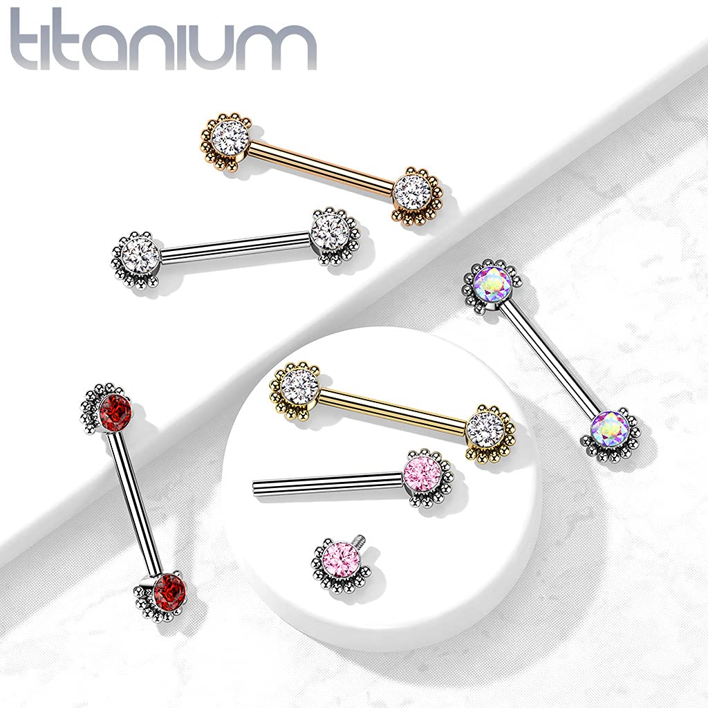Dynamique Implant Grade Titanium Nipple Barbells Internally Threaded With Bezel Set CZ Center And Beaded Edge (Sold Per Pair Or Per Piece)