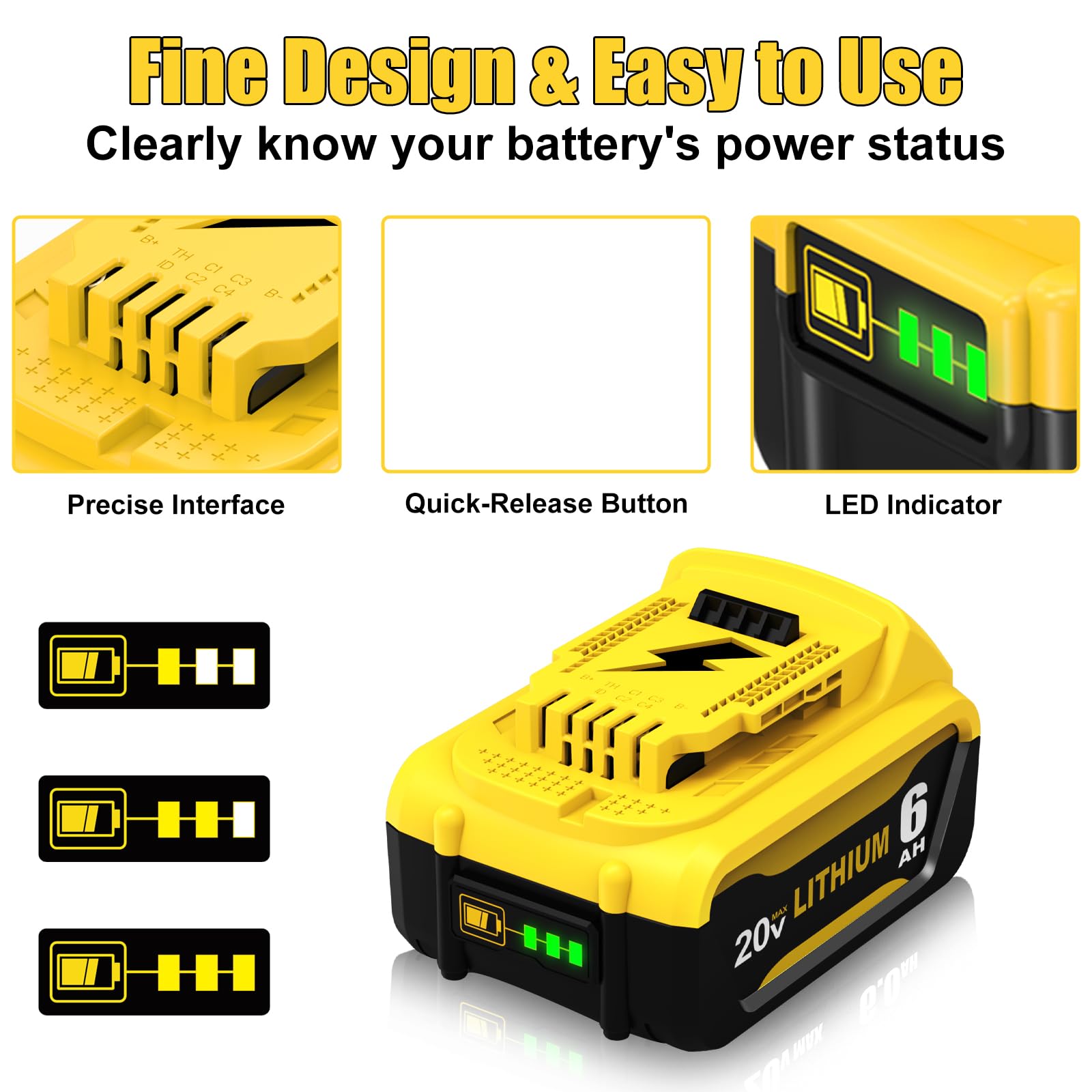 Ibanti DCB206 Battery Replacement for Dewalt 20V Battery Compatible with Dewalt 20V Battery DCB206 DCB203 DCB204 DCB200 DCD/DCF/DCG for Dewalt 20 Volt Max Series Cordless Power Tools (Yellow)