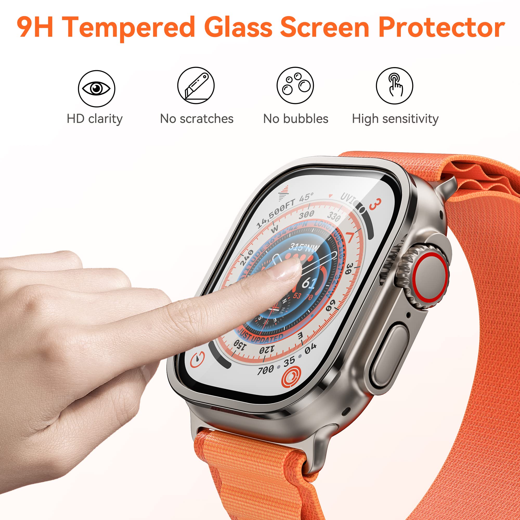 Hoerrye for Apple Watch Ultra 2 / Ultra 1 Screen Protector 49mm,[Titanium Bumper Case] [with Positioning Frame] 4 Pack Tempered Glass Film Full Coverage Protective Face Cover for iwatch Accessories