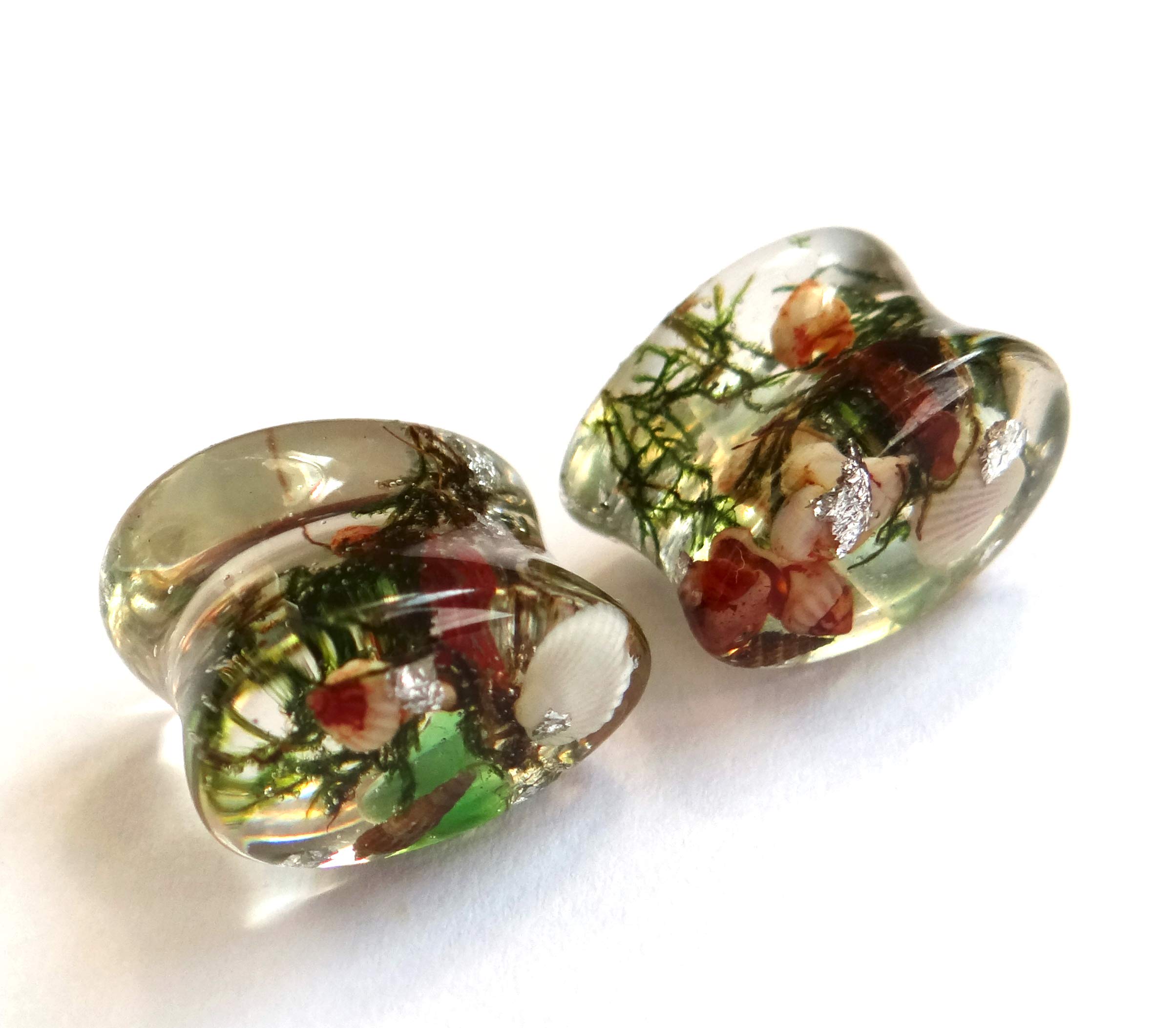 ETERNIADA Teardrop Nautical style plugs Sea Shell plug Tear Drop plugs Dropshaped plugs Egg Drop plugs Ear gauge double flare Mermaid Moss Ocean (25mm / 1" / Pair)