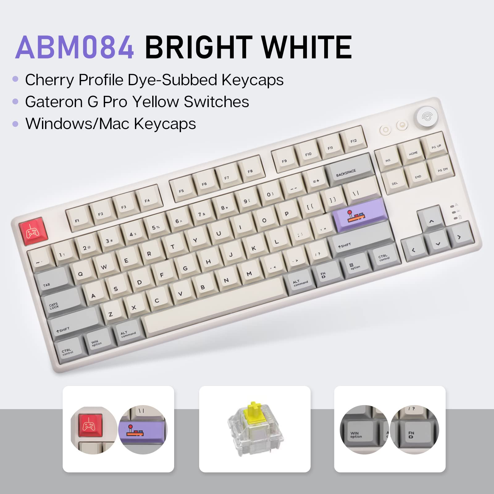 EPOMAKER CIDOO ABM084 TKL Hot Swap RGB 2.4Ghz/Bluetooth 5.0/Wired Mechanical Knob Keyboard NKRO with Poron Foam, 3000mAh Battery, Dye Subbed PBT Keycaps for E-Sport Win/Mac/Linux(Gateron G-pro Yellow)