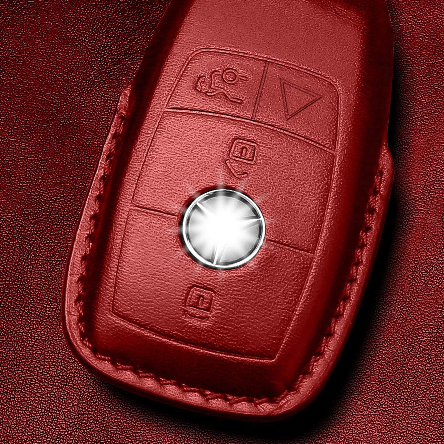For Mercedes Benz Genuine Leather key fob cover with keychain Compatible with Mercedes-Benz 2019-2021 A-Class C-Class G-Class 2017-2021 E-Class 2018-2021 S-Class Keyless Smart Key Fob(4-Button,Red)