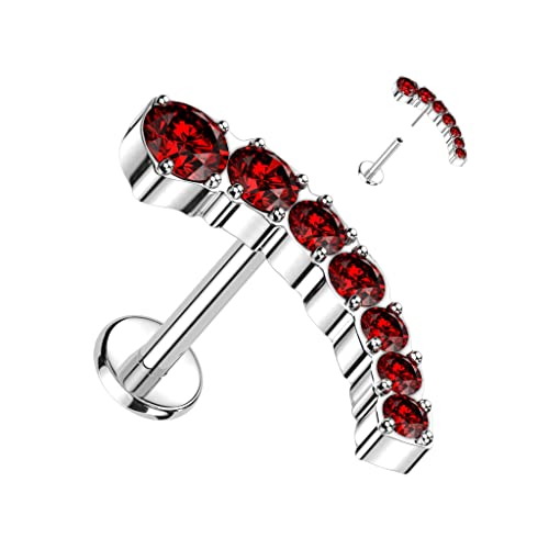 Dynamique Implant Grade Titanium Threadless Push In Labret, Flat Back Stud With Descending 7 CZ Curve Prong Set Top (Sold Per Piece)