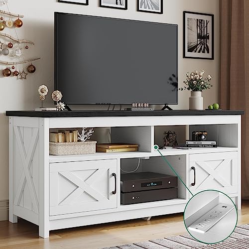 YITAHOME Farmhouse TV Stand for 65 inch with Power Outlet, Mid Century Modern Wood TV Table Media Console with Storage Cabinet and Open Shelves for Living Room, Bedroom, Black/White