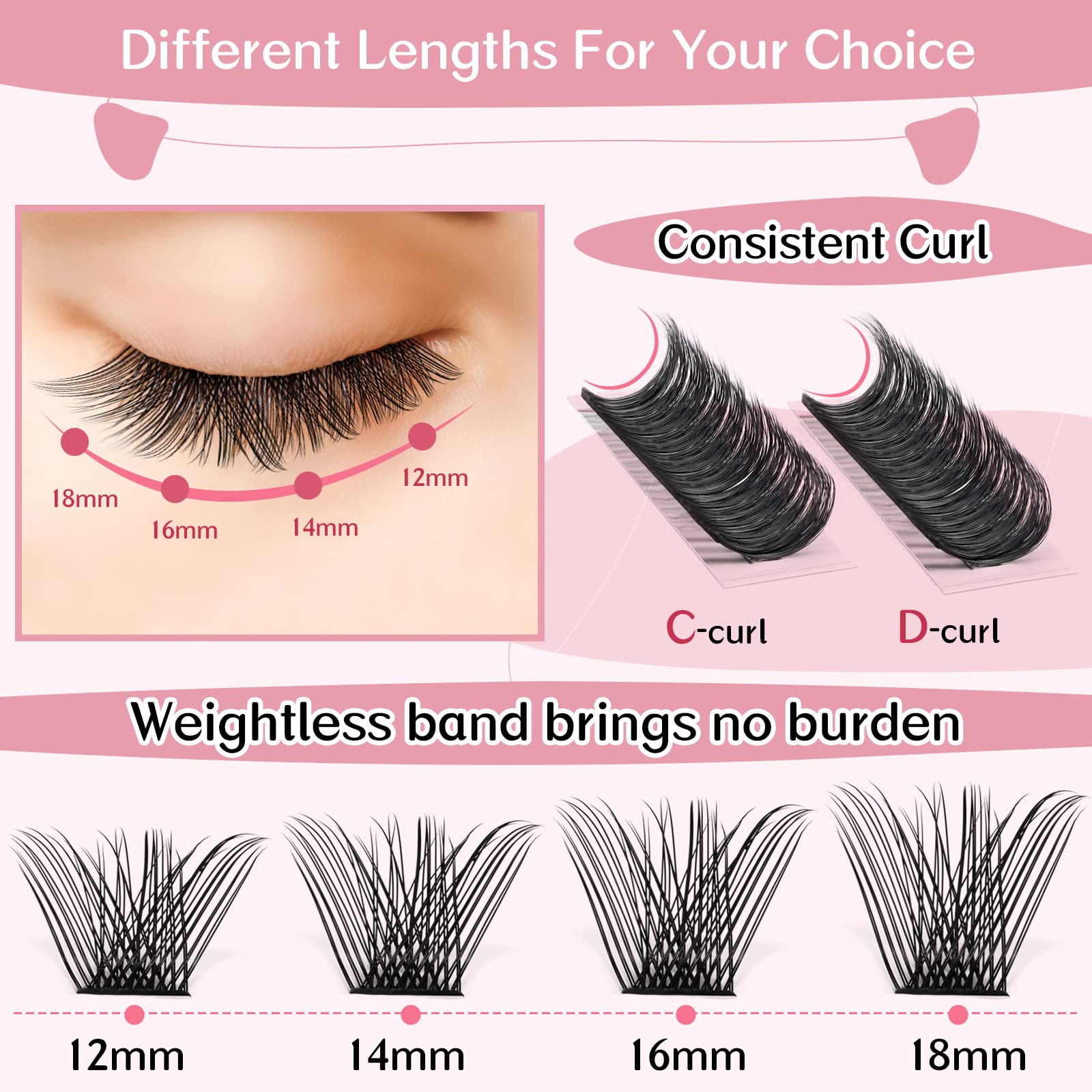 Lash Clusters, 72 Pcs Individual 12-18mix Cluster Lashes DIY Lash Extension Eyelash Clusters Volume Wispy Lashes Super Thin Band Reusable Soft & Comfortable(Volume-C-12-18 mix)