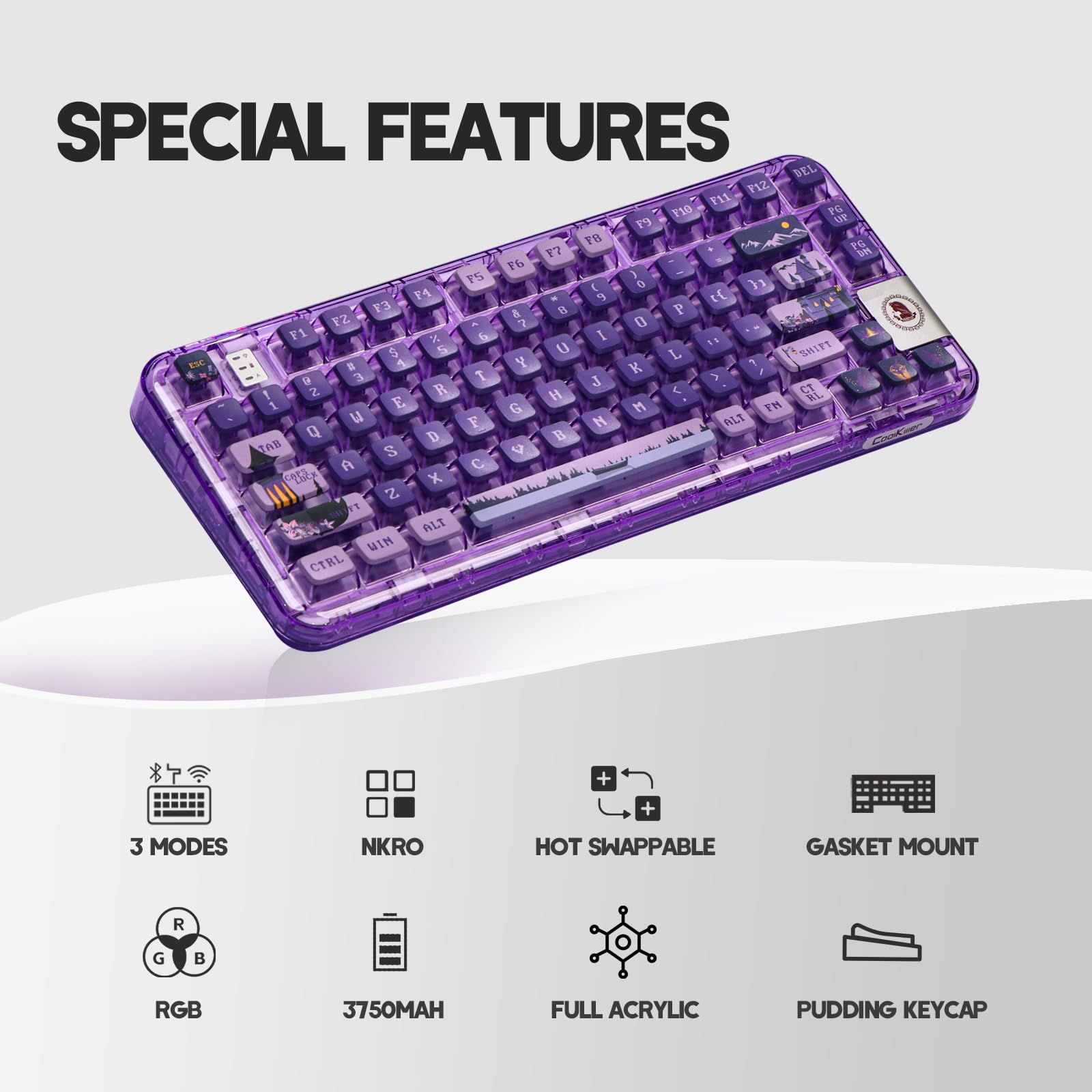 EPOMAKER CK75 75% Transparent Gasket Hot Swap RGB Bluetooth/2.4Ghz Wireless/Type-C Wired Gaming Keyboard with KSA Profile PBT Keycaps, Compatible with Win/Mac/Android(Purple,Clove Switch)…