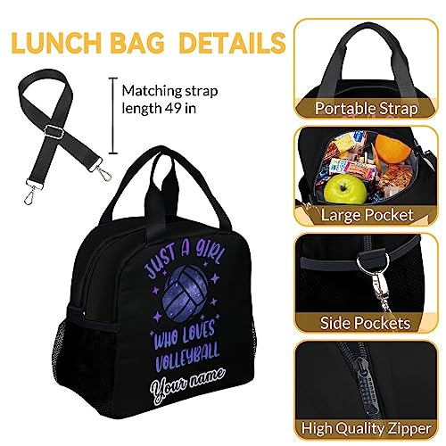 Personalized Volleyball Backpack with Lunch Box And Pencil Case Set, 3 in 1 Matching Teen Girls Purple Backpacks Combo, Sports Bookbag And Pencil Case Bundle