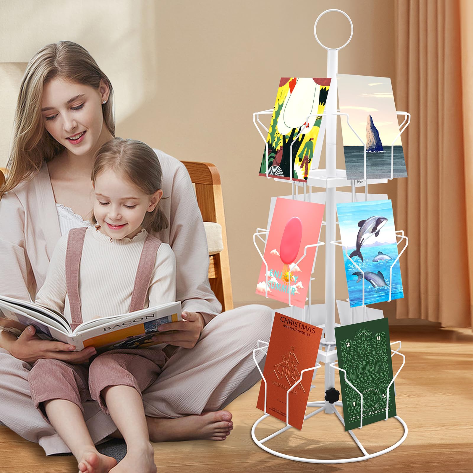 JAJADAH Rotating Greeting Card Rack, Display Stand Spinning Floor Stand, Pocket Rotating Holder for Classroom Office Library & Shopping Mall (3 Tiers - White)