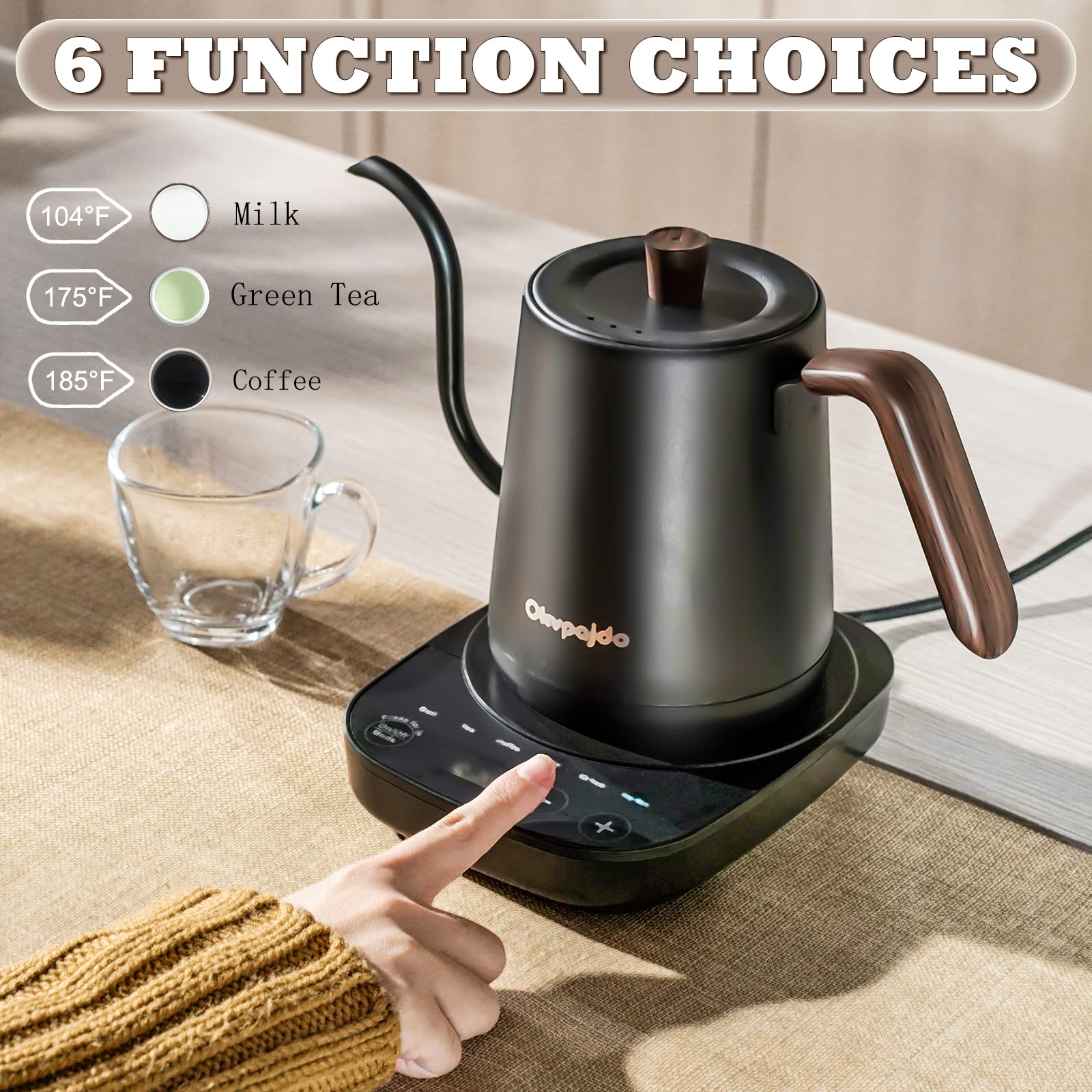 Electric Gooseneck Kettle - Pour-Over Coffee and Tea Kettle with LCD Display Automatic Shut Off - 100% Stainless Steel Kettle Water Boiler - Quick Heating Electric Kettles 0.8L - Matte Black