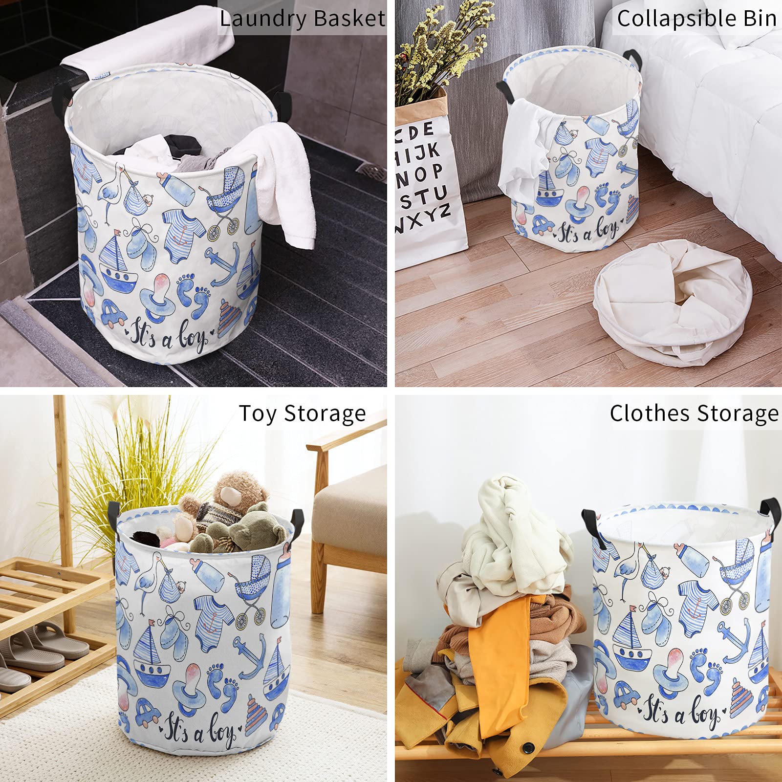Laundry Basket Blue Stork with Baby Gift Hampers for Laundry Room/Dorm/Nursery Collapsible Clothes Hamper with Handle Waterproof Storage Baskets for Bedroom/Bathroom 13.8x17in