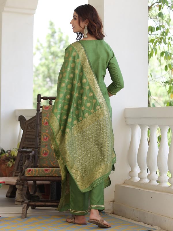 Vaamsi Women's Poly Silk Solid Kurta Pant and Dupatta Set (PKSKD1109_3XL_Green)