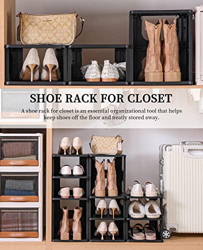 Shoe Organizer Shoe Rack for Small Spaces 5 Tier Plastic Vertical Narrow Shoe Shelves for Closet Black Shoe Holder, Stand For Entryway Shoe Storage Boots Organizer Stackable Shoe Cabinet