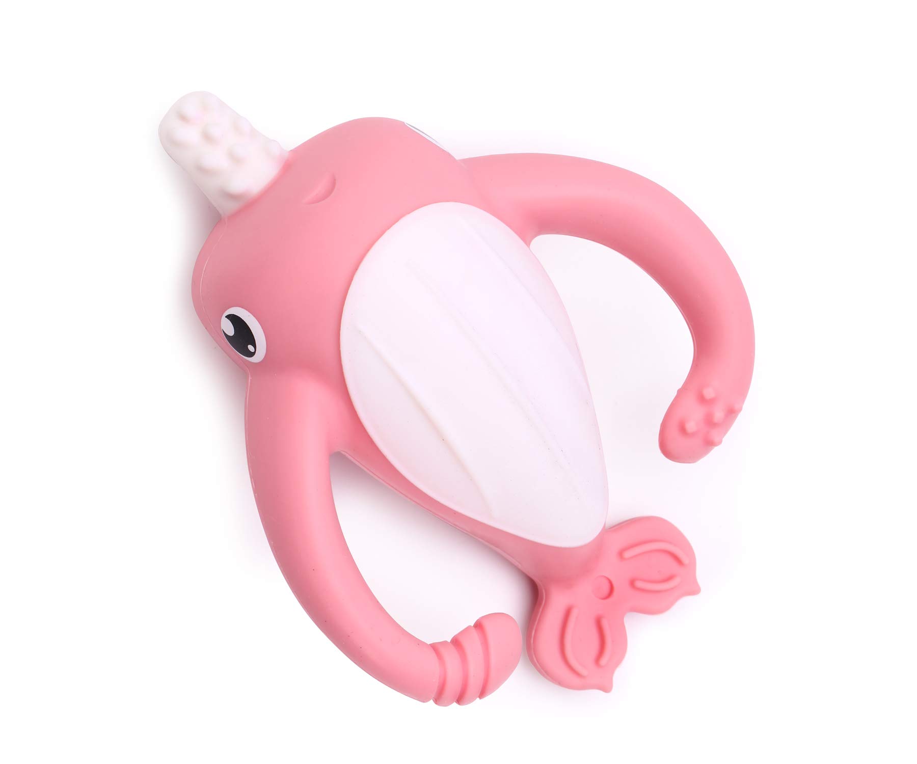 Smily Mia Nora Narwhal Soft Silicone Teething Toy/Toothbrush with Two Handles for 3M+ Babies Teething Pain Relief, Pink