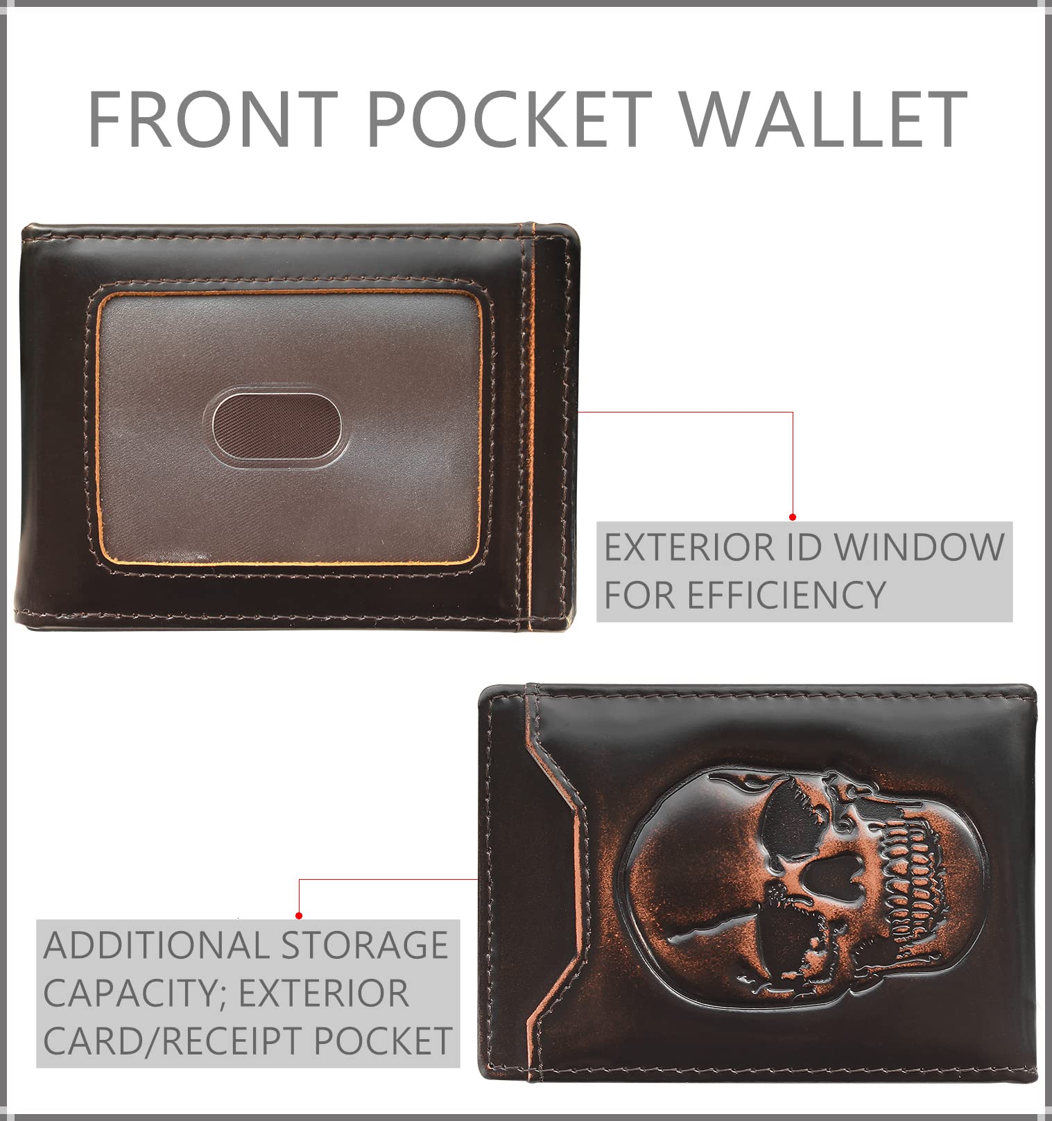 DK86 Men's Leather Skull Slim Wallet with Money Clip Minimalist Bifold Front Pocket wallet for Men RFID Blocking Geuine Leather with Hand Burnished (Black Skull)