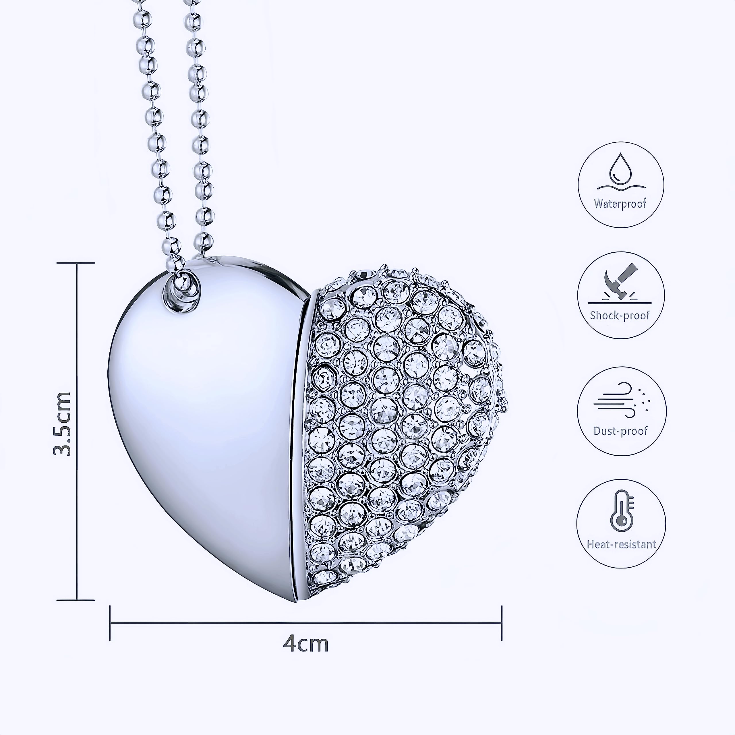 EcooDisk 128GB USB 3.0 Flash Drive Diamond Heart with Necklace Memory Stick High Speed Thumb Drive Jump Drive Data Storage Silver