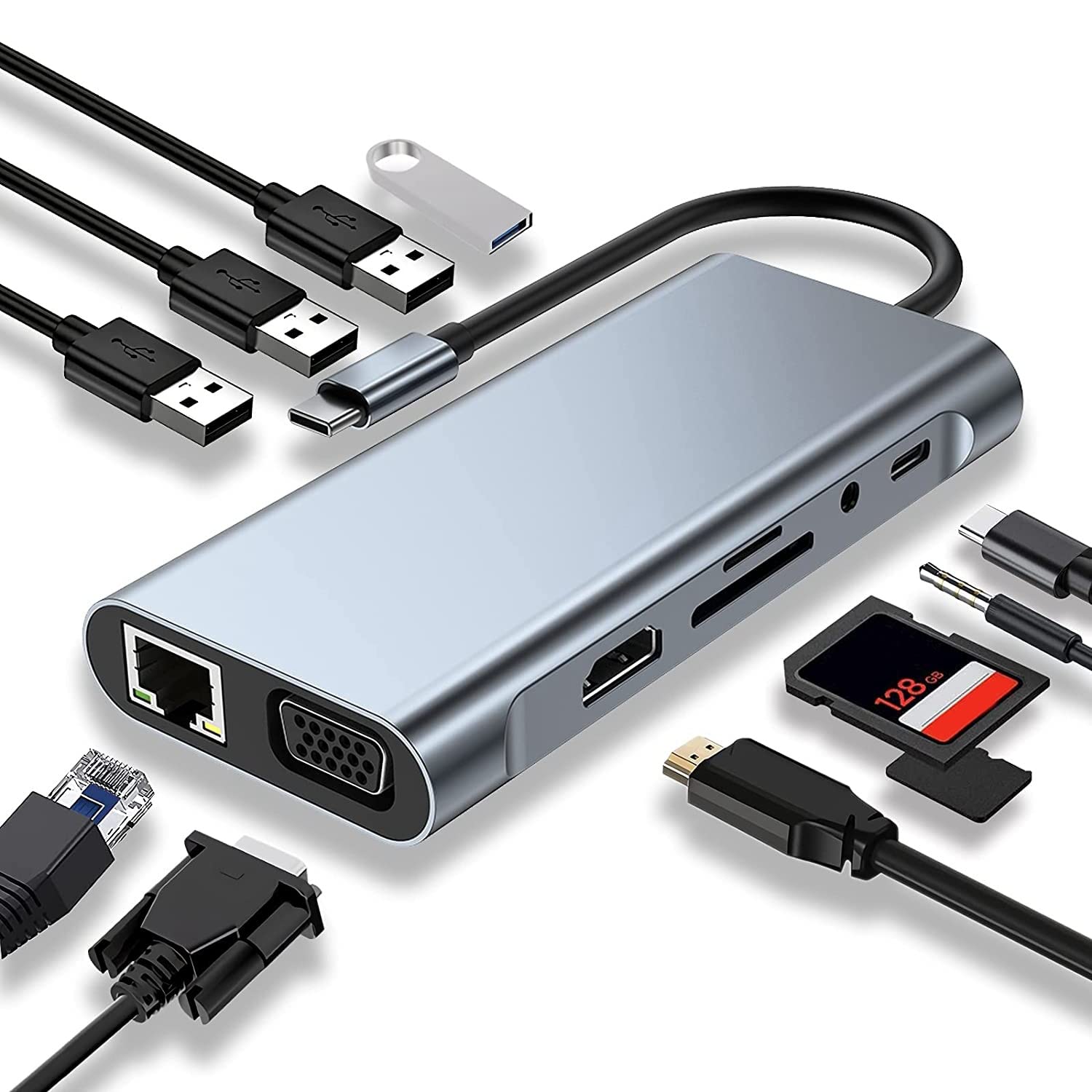 Midautoo 1 Piece USB C Hub SD/TF Card Reader with 4K -Compatible, VGA, USB 3.0 Port,Type C PD, RJ45 Ethernet