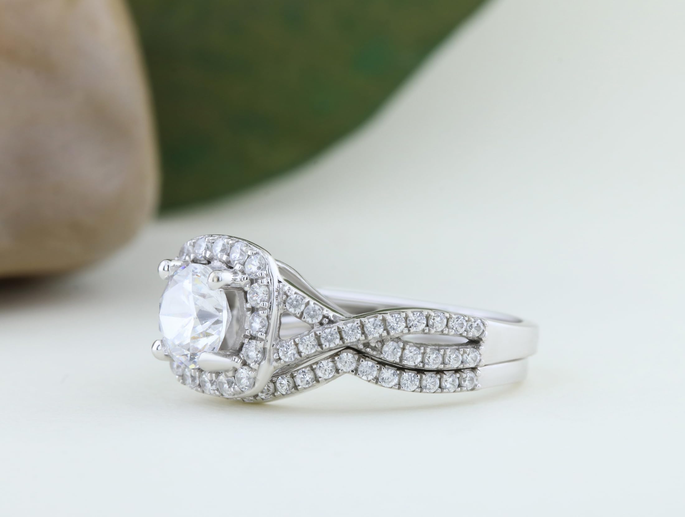 Dazzlingrock Collection Round Cubic Zirconia Cushion Halo with Split Shank Wedding Ring Set for Women (2.55 ctw, Color White, Clarity Clean) in 10K White Gold, Size 7.5