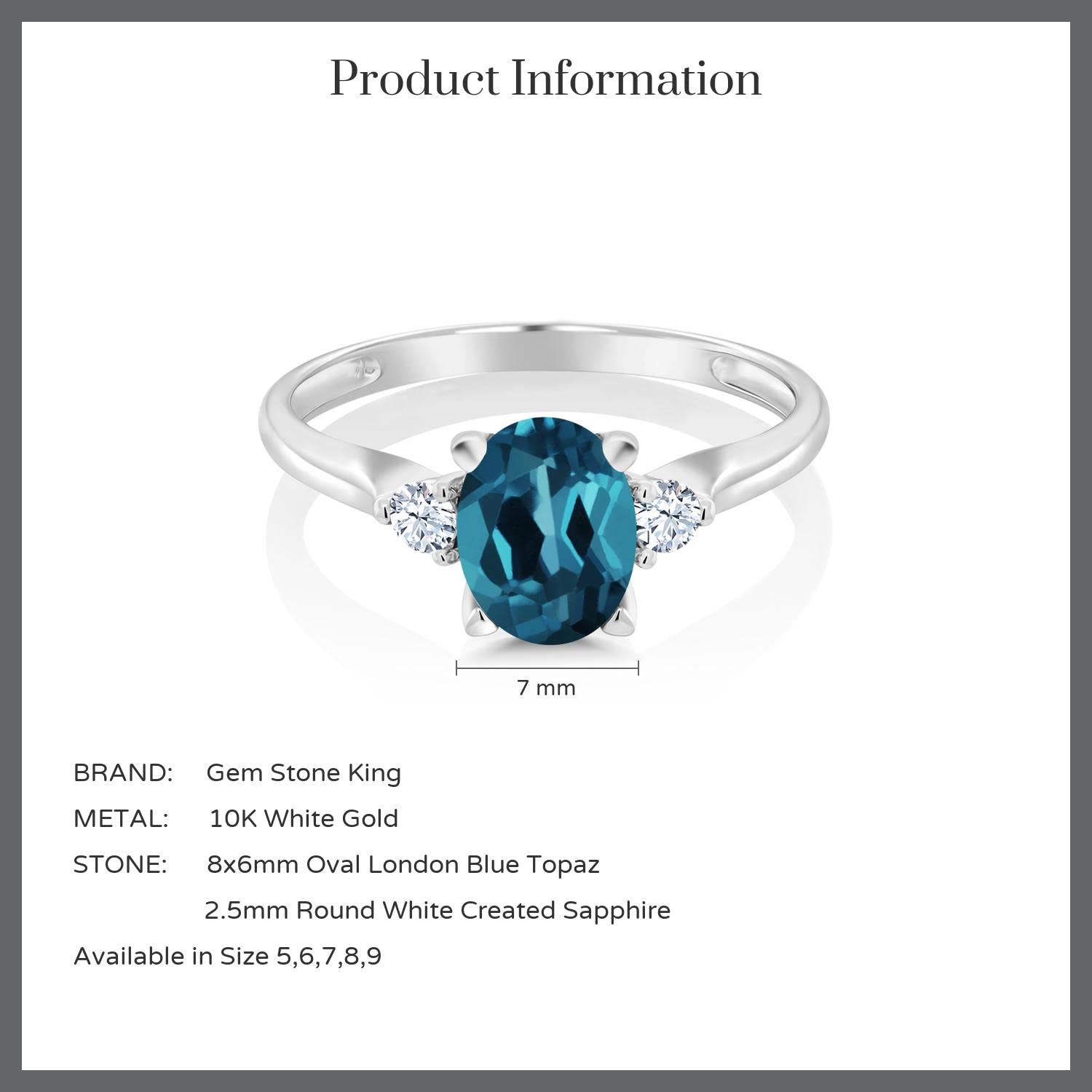 Gem Stone King 10K White Gold London Blue Topaz and White Created Sapphire 3-Stone Women's Ring (1.40 Cttw, Gemstone Birthstone, Available In Size 5, 6, 7, 8, 9)