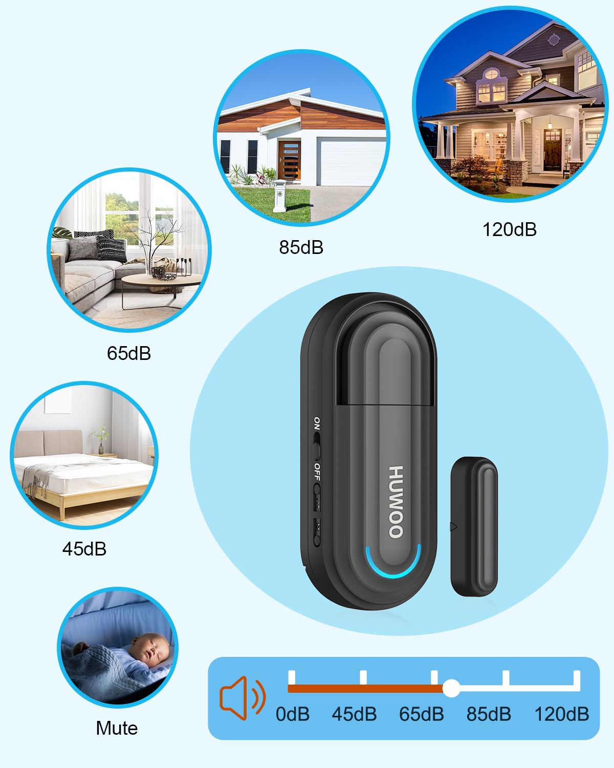 HUWOO Door Alarm for Home Security Kids Safety Dementia Patients, Volume Adjustable Alarm Sensor for Doors Windows When Opening with 0- 120 dB Loud 4 Working Modes