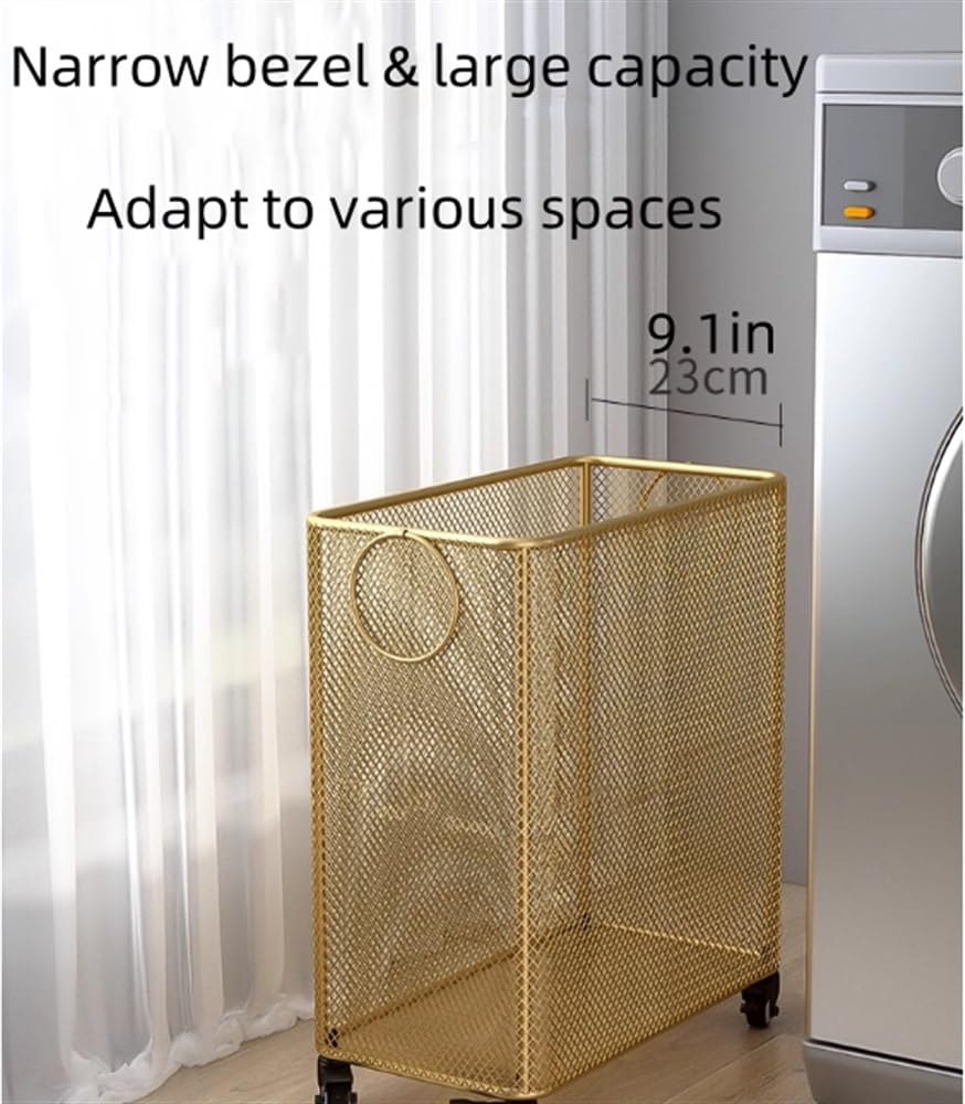 Laundry Hamper with Handles & Rolling Wheels, Metal Laundry Basket with Wheels, Light Luxury Style Laundry Hamper, for Bathroom,Laundry Room(Size:16.9 * 9.1 * 17.7in) (Color : Gold)