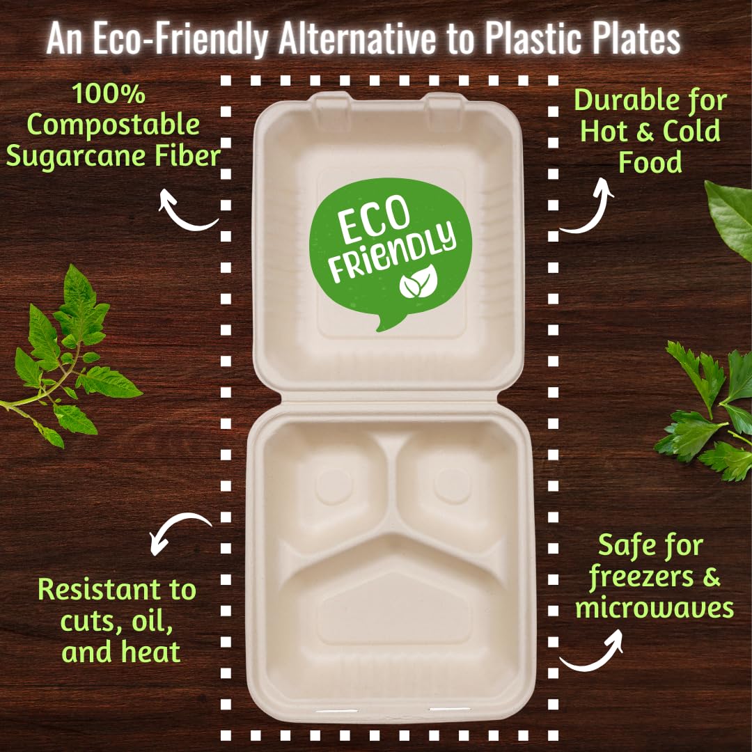 ECORIYO 3 Compartment To Go Containers with Lids β 100-Pack of Take Out Boxes, Disposable Food Containers, Sugarcanes Biodegradable Togo Plates - Paper Clamshell Box for Lunch, Cake, Dessert