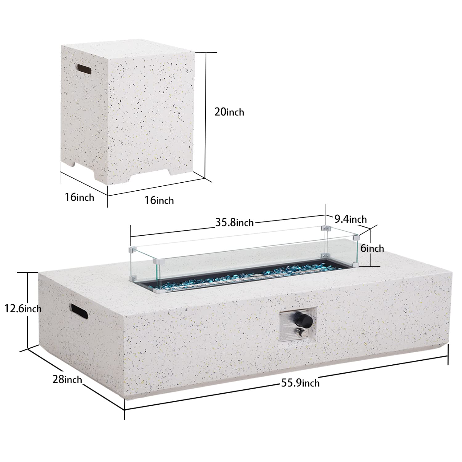 Essential Lounger 56 Inch Firepit Table for Outside, 50,000 BTU Rectangular Concrete Outdoor Fire Tables with Propane Tank Table, Glass WindGuard, Fire Glass Beads, Weatherproof Cover - White