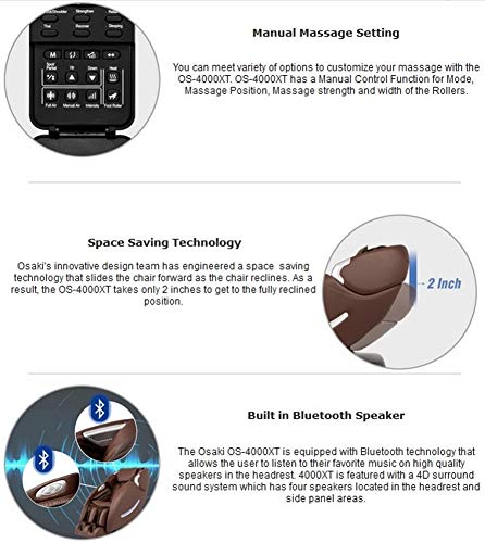 Osaki OS-4000XT B Massage Chair with LED Light Control, Brown, Ache Sensor, L-Track Massage, 2-Step Zero Gravity Mode, 6 Massage Styles, 6 Auto Massage Programs, Space Saving Technology