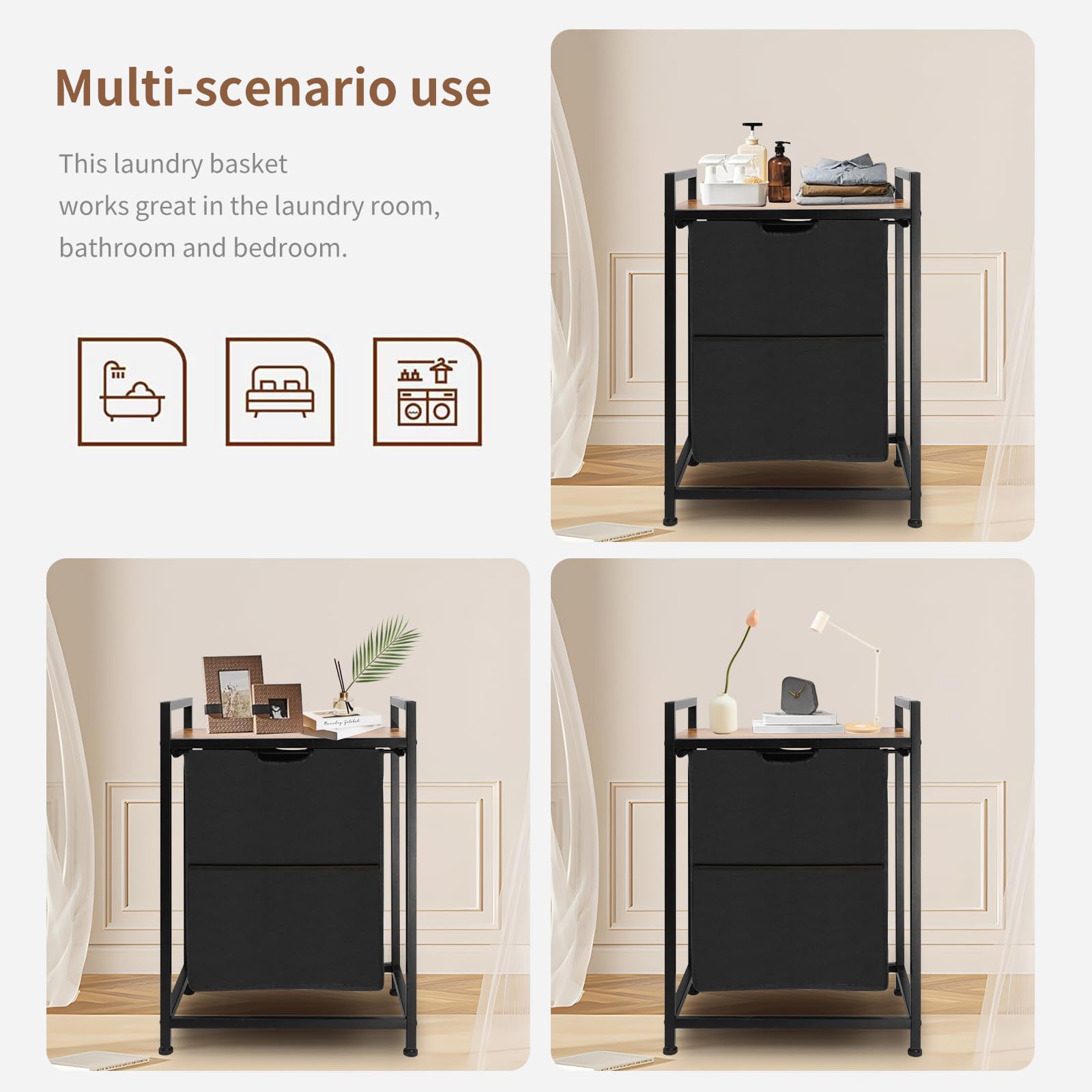 Laundry Hamper 3 Section, 3 Bag Laundry Sorter Organizer, Laundry Basket with Pull-Out and Removable Oxford Fabric Laundry Bags for Clothes Storage, Brown and Black
