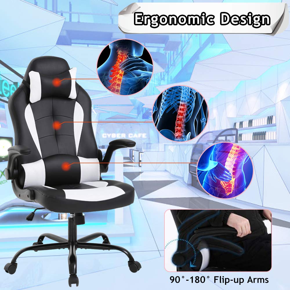 Dkeli, Gaming Chair Office Chair Desk Chair Ergonomic High Back Computer Chair with Lumbar Support Flip-up Arms Headrest PU Leather Swivel Task Chair