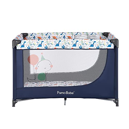 Pamo Babe Portable Crib with Mattress,Foldable Baby Playpen with Carry Bag (Blue)