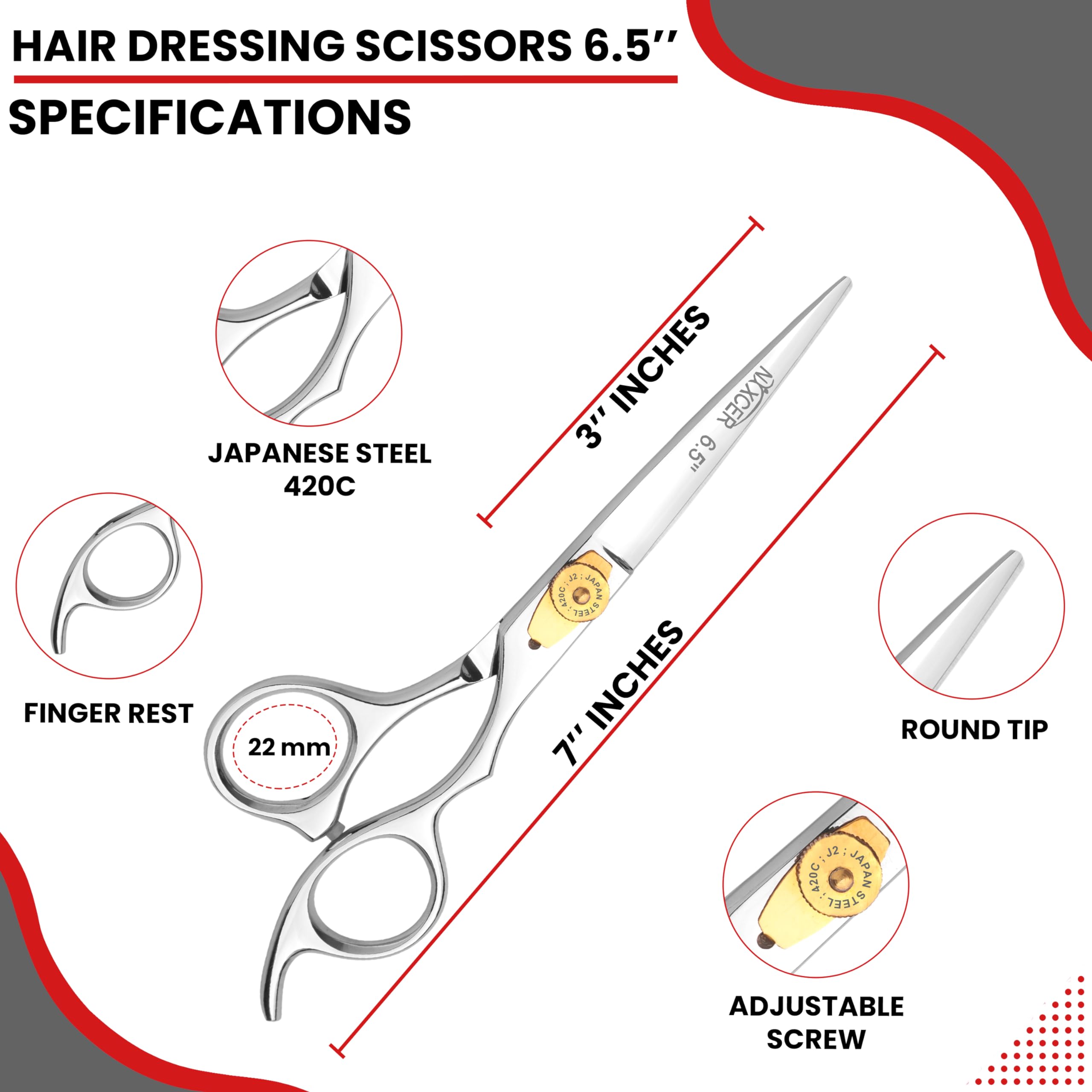 Nixcer Hair Cutting Scissors -Sharp Razor Edge Blade Hair Shears Series - 6.5" With Fine Adjustment – Stainless Steel Hair Scissors Professional For Men, Women & Babies (Silver)