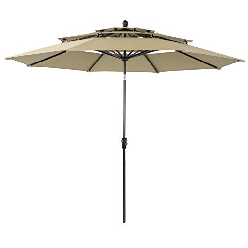 PHI VILLA 10ft Patio Umbrellas, Outdoor 3 Tier Vented Market Table Umbrella with 1.5" Aluminum Pole and 8 Sturdy Ribs, (Beige) for Poolside, Garden Terrace