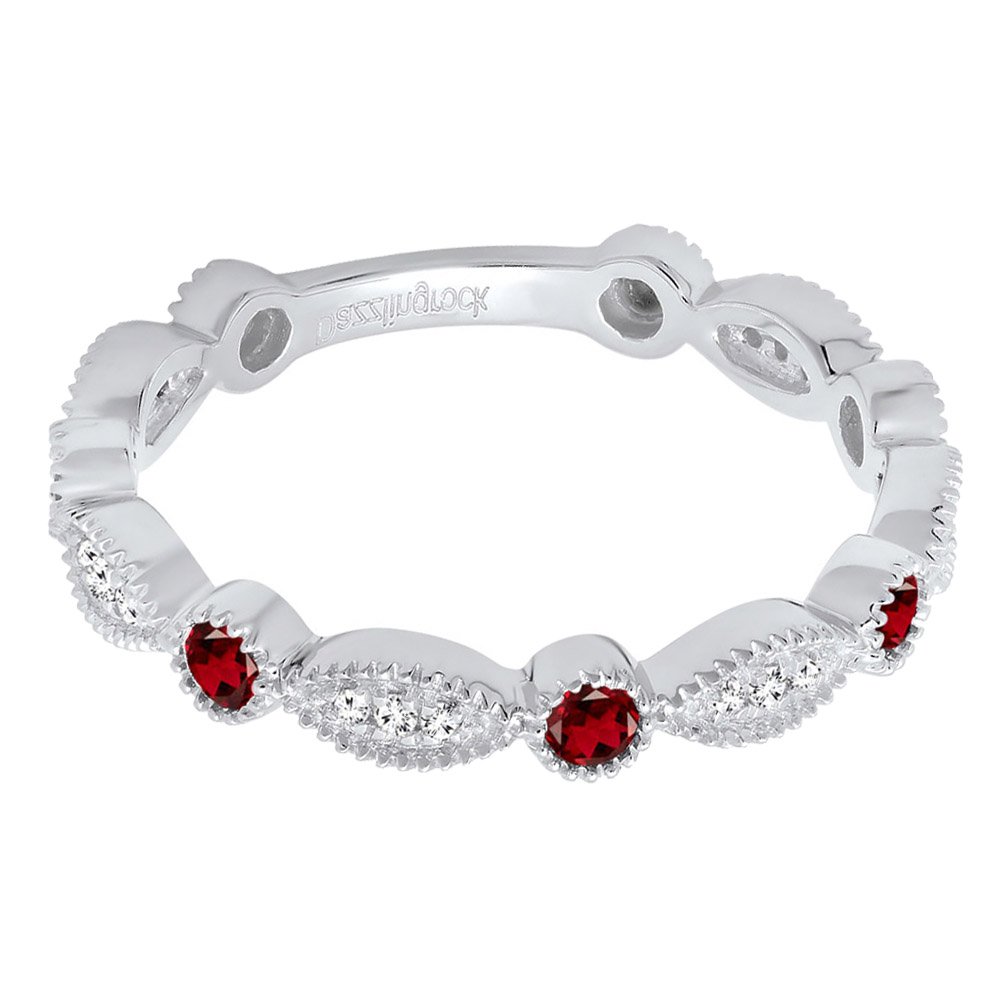 Dazzlingrock Collection Alternating Round Garnet & White Diamond 7 Stone Stackable Wedding Band Ring for Women in 14K White Gold, Size 7