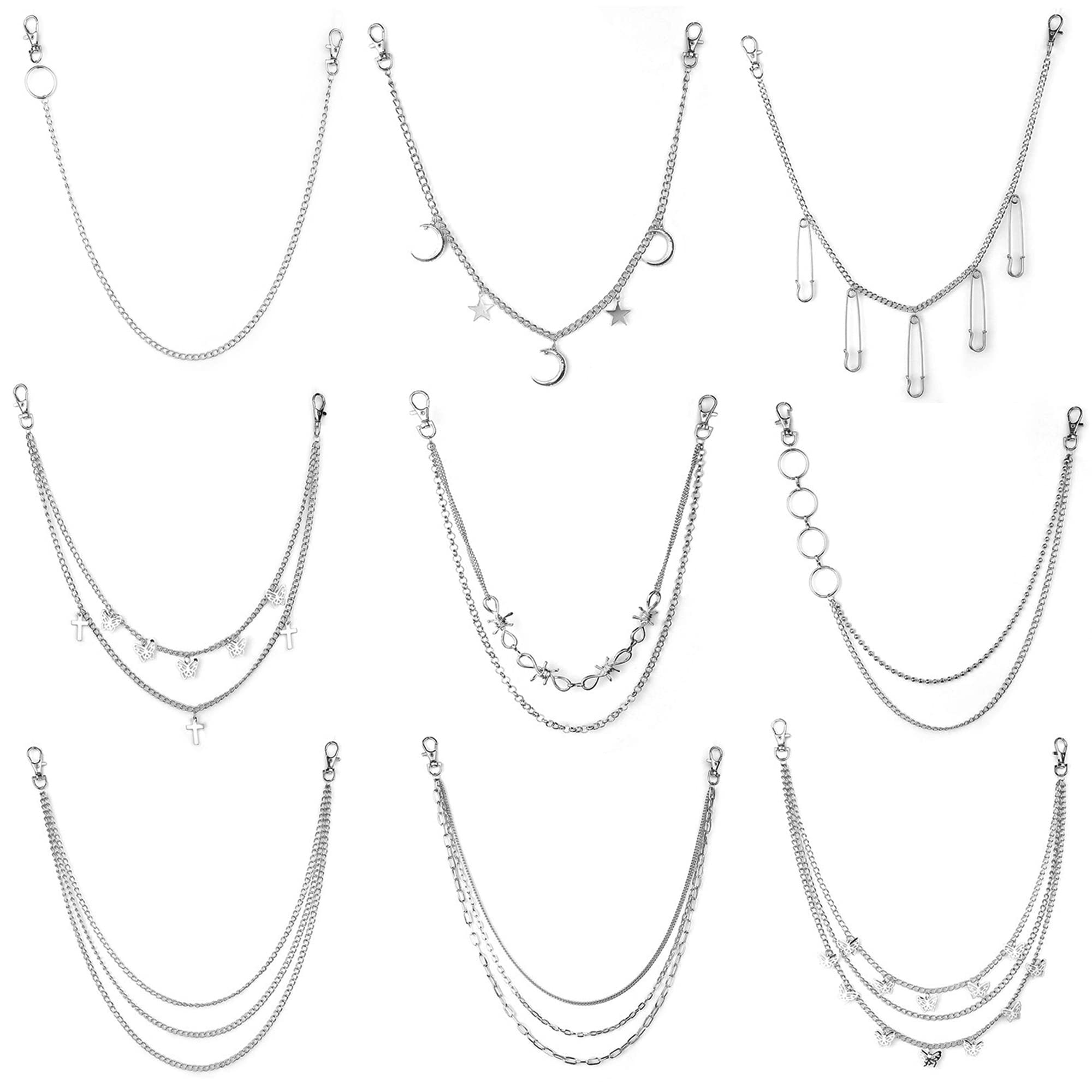 DOLOTTA 9 Pieces Pants Chain Wallet Chain Belts for Women Men Goth Accessories Hip Hop Punk Chain Butterfly Lock Jeans Chains Pocket Rock Chains