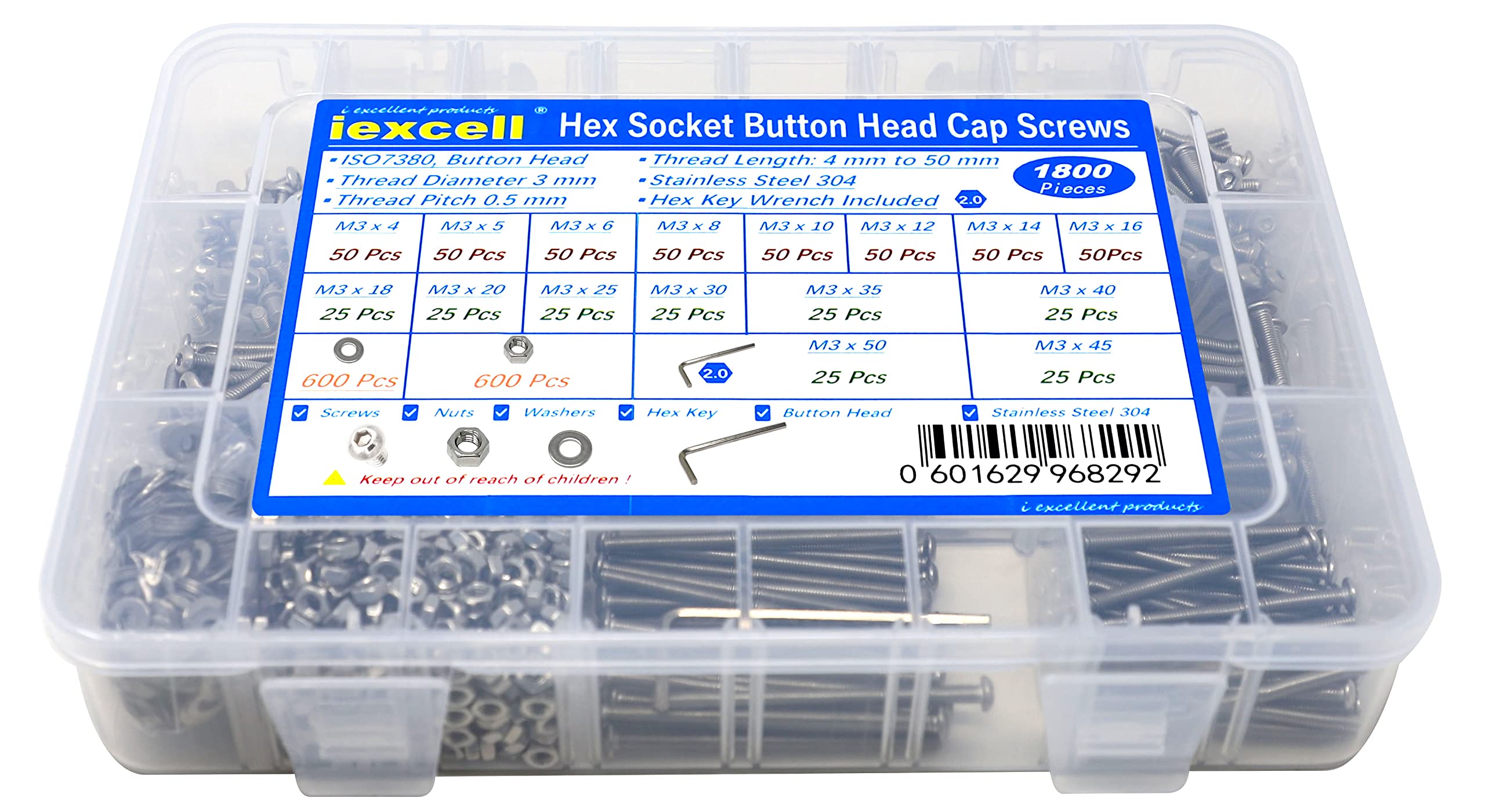 iexcell 1800 Pcs M3 x 4/5/6/8/10/12/14/16/18/20/25/30/35/40/45/50 Stainless Steel 304 Hex Socket Button Head Cap Screws Blots Nuts Washers Assortment Kit