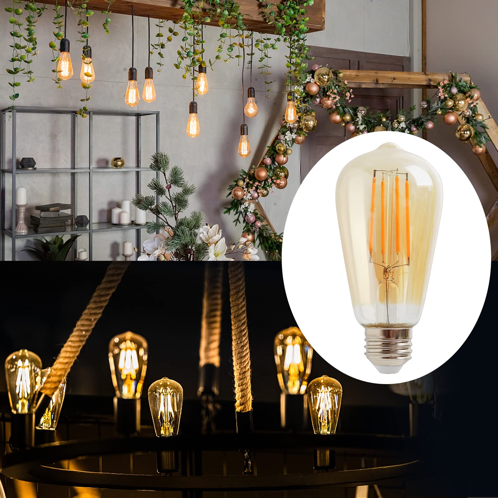DZ Aimier LED Edison Bulbs, 6W, Equivalent 60W, High Brightness Amber Gold Light ST58 Antique LED Filament Bulbs, E26 Medium Base, Dimmable, Pack of 6